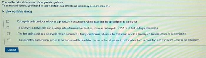 Solved Choose the false statement(s) about protein synthesis | Chegg.com