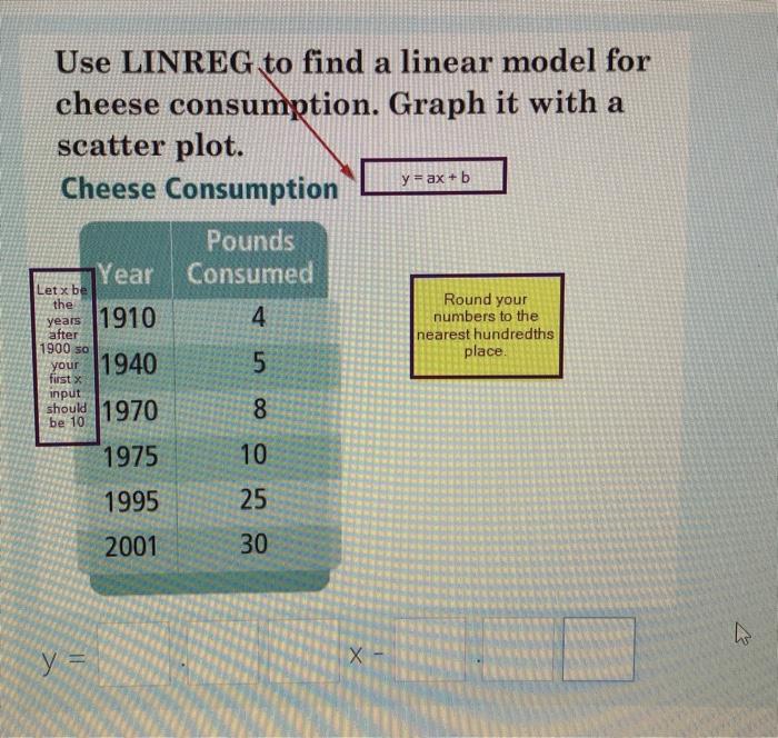 Solved Use LINREG to find a linear model for cheese | Chegg.com