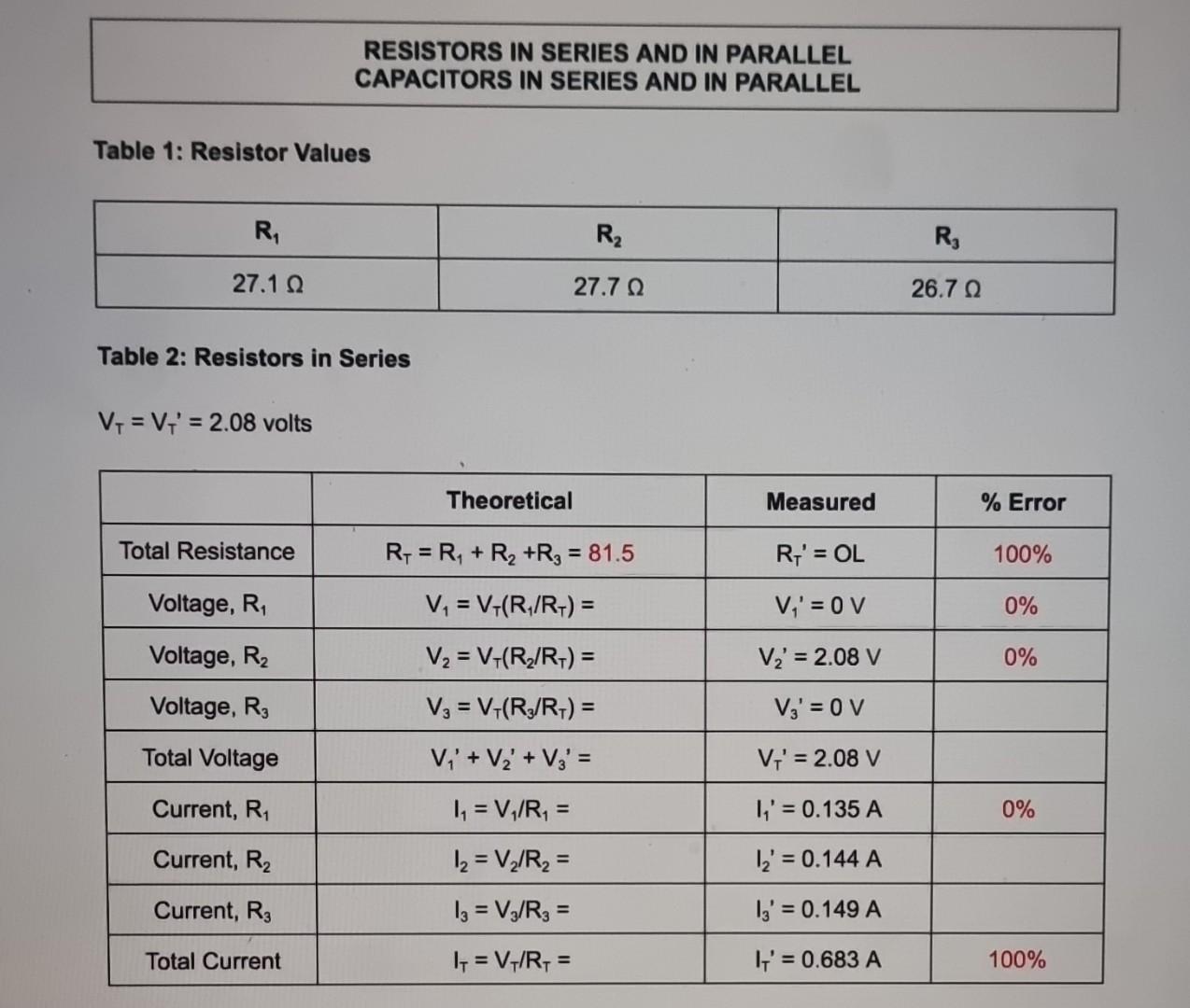 Table 1: Resistor Values Table 2: Resistors in Series | Chegg.com