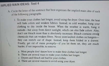 IMPLIED MAIN IDEAS: Test 4A. ﻿Circle the letter of | Chegg.com
