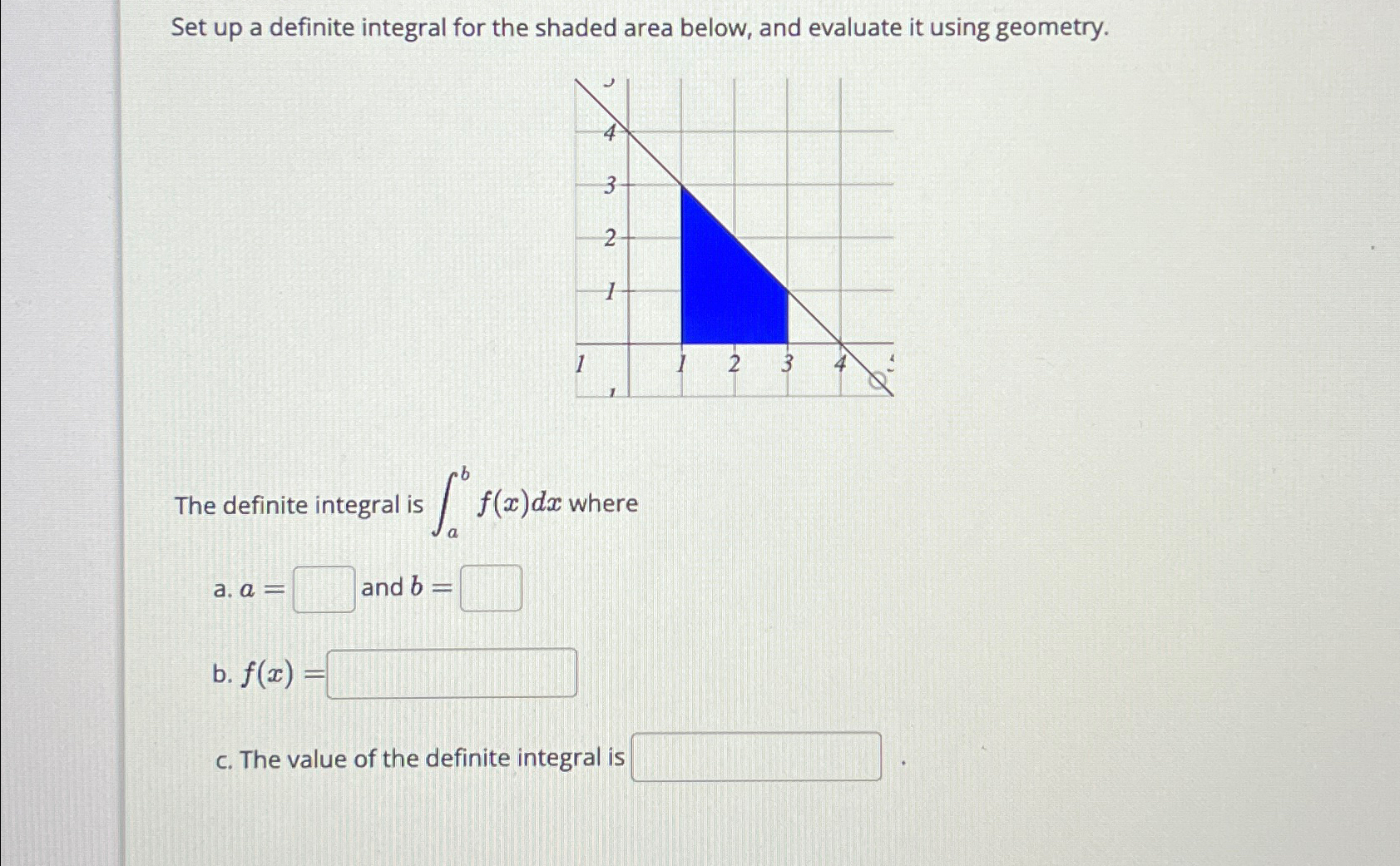 Solved Set up a definite integral for the shaded area below, | Chegg.com
