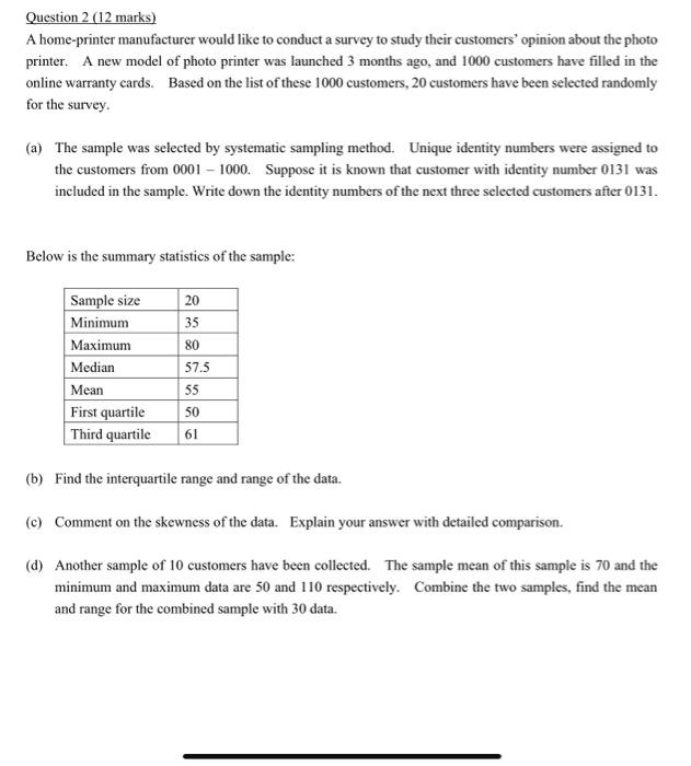 Solved Question 2 (12 marks) A home-printer manufacturer | Chegg.com