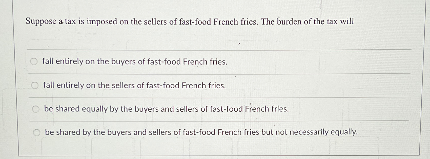 Solved Suppose a tax is imposed on the sellers of fast-food | Chegg.com
