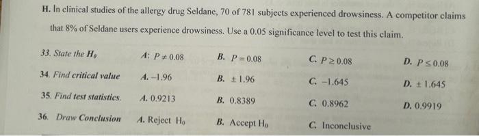 Solved H. In clinical studies of the allergy drug Seldane, | Chegg.com