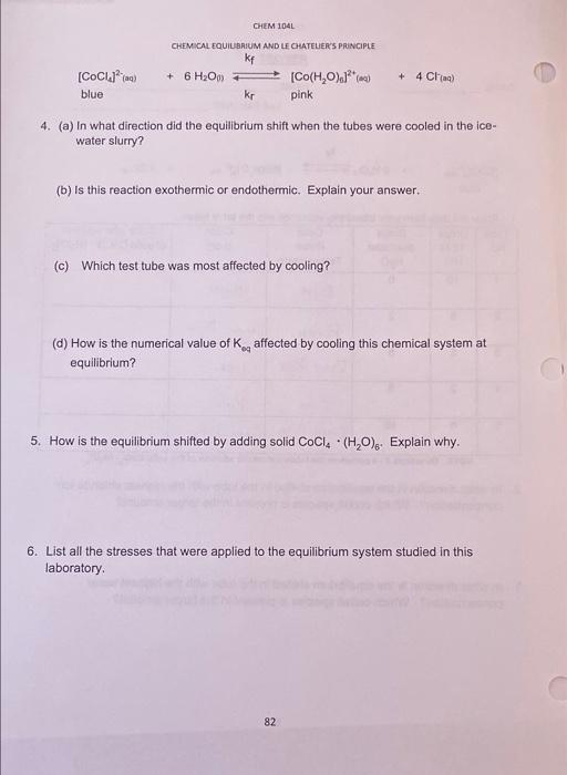 Solved CHEM 104 CHEMICAL EQUILIBRIUM AND LE CHATELIERS | Chegg.com