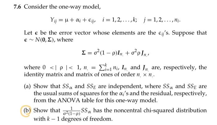 Solved 7.6 Consider the one-way model, Yij = u + đi + €ije | Chegg.com