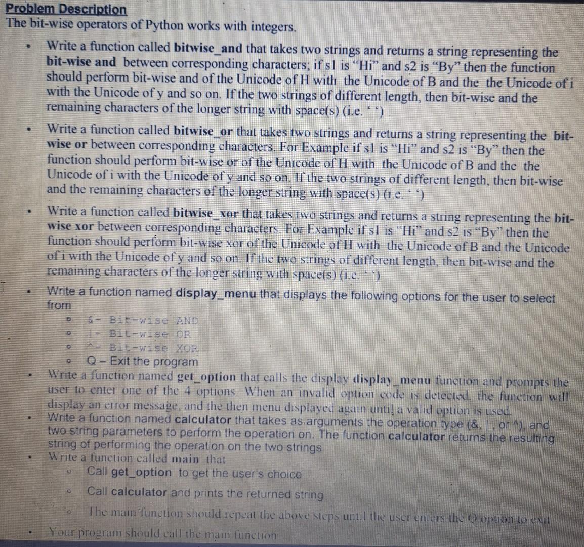 Solved . . Problem Description The bit-wise operators of | Chegg.com
