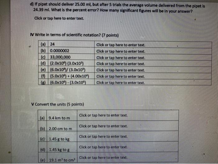 Solved d) If pipet should deliver 25.00ml, but after 5 | Chegg.com