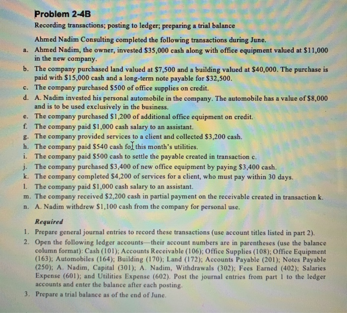 Solved Problem 2-4B Recording transactions; posting to | Chegg.com