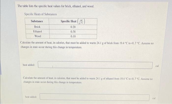 Solved The table lists the specific heat values for brick, | Chegg.com