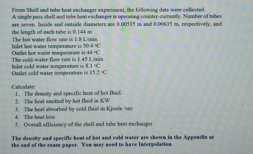 Solved From Shell and tube heat exchanger experiment, the | Chegg.com