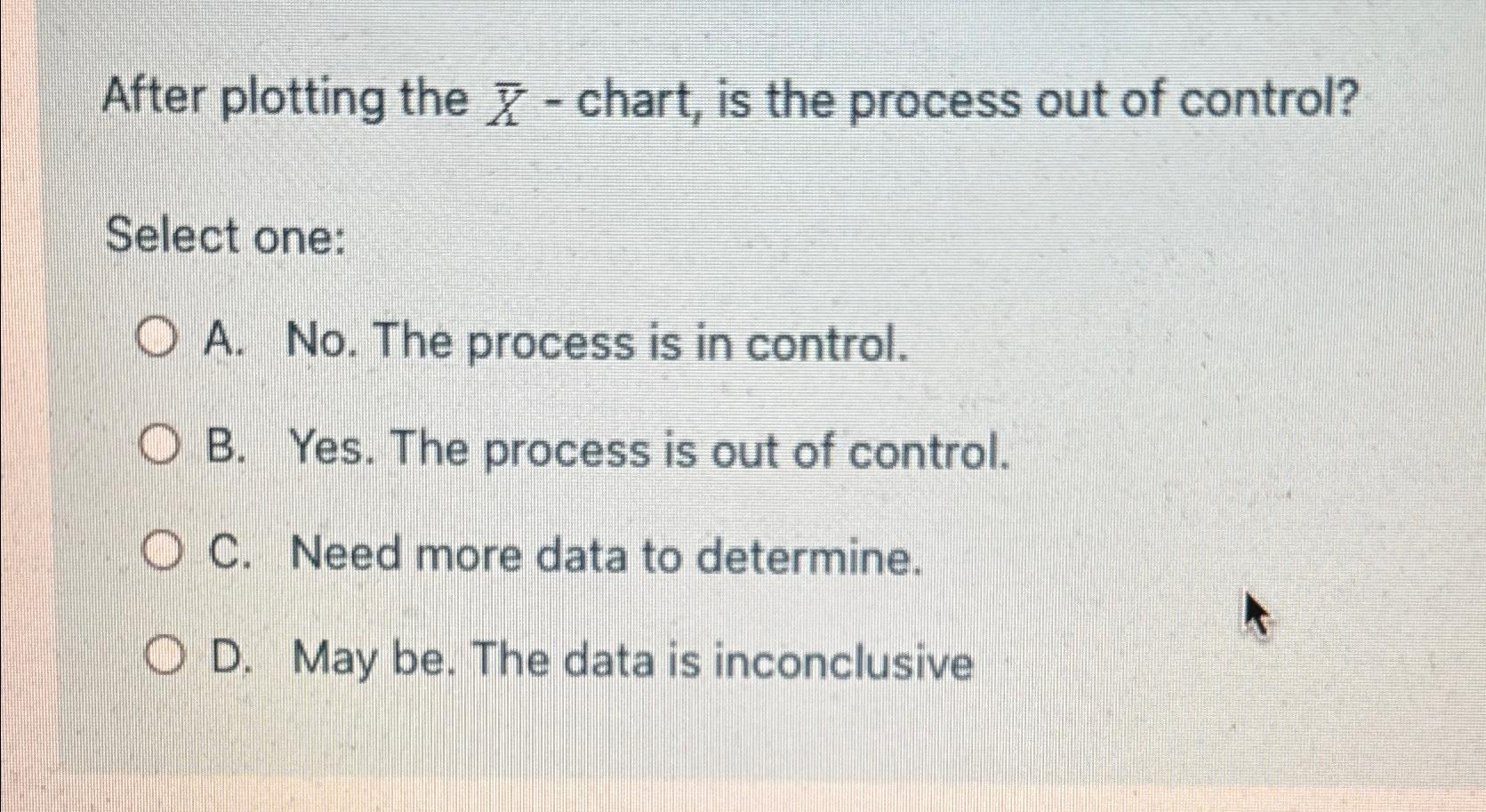 Solved After plotting the x‾ - ﻿chart, is the process out of | Chegg.com