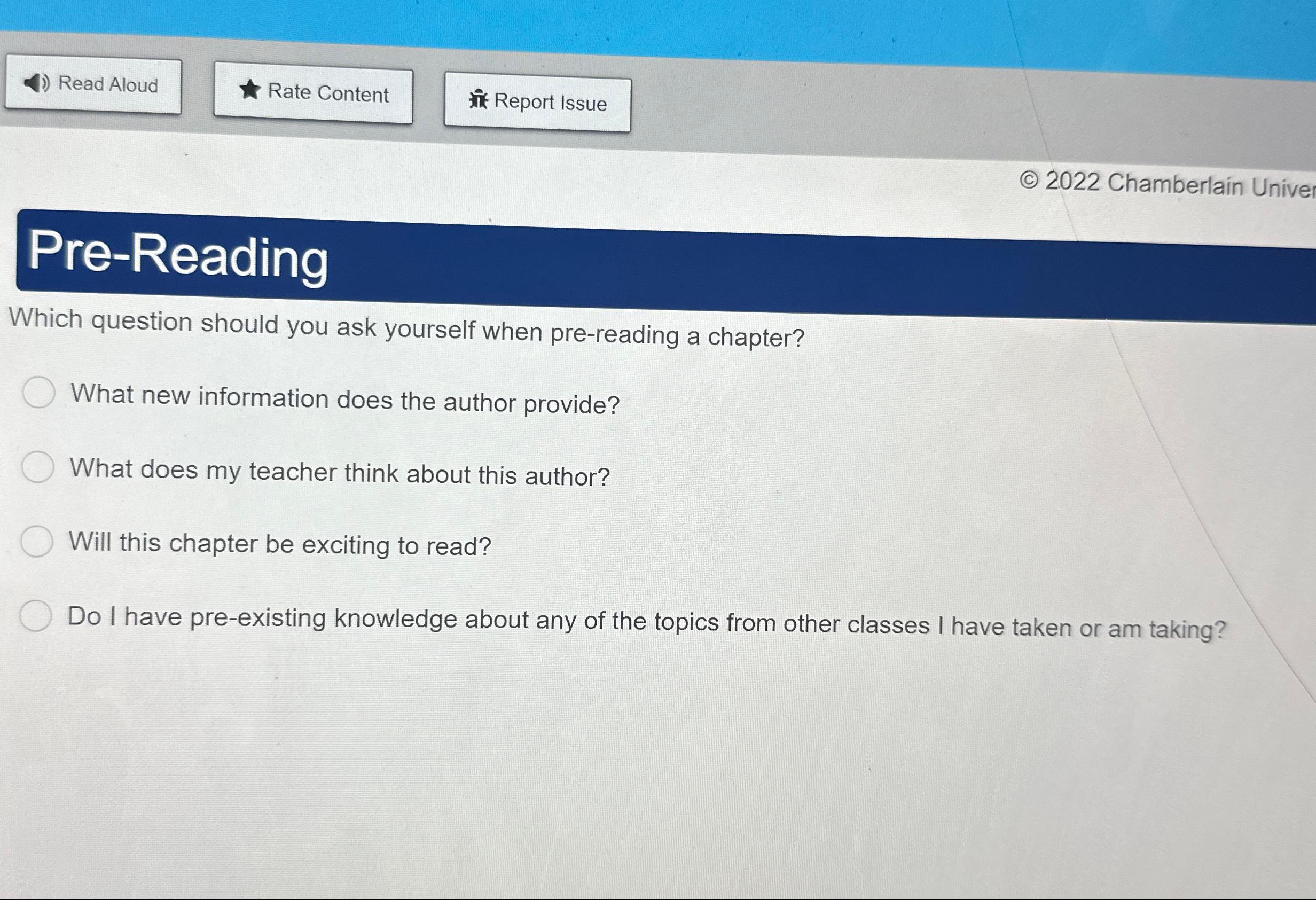 Solved (c) 2022 ﻿Chamberlain UnivePre-ReadingWhich question | Chegg.com