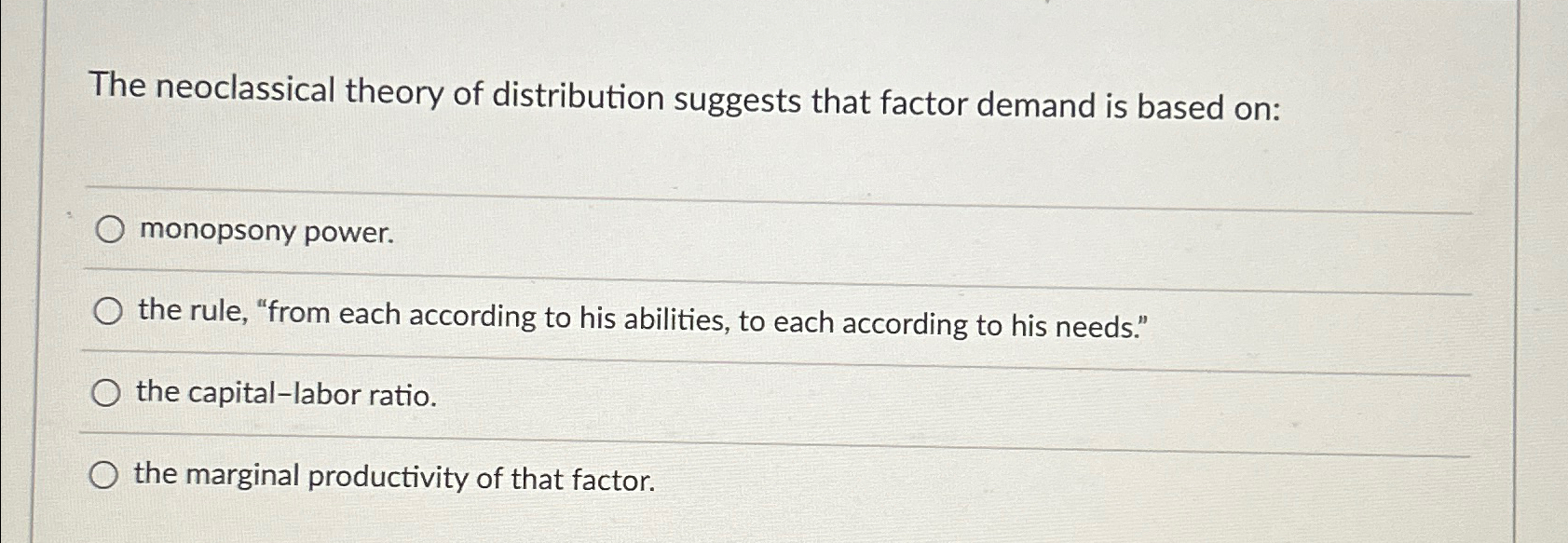 Solved The neoclassical theory of distribution suggests that | Chegg.com