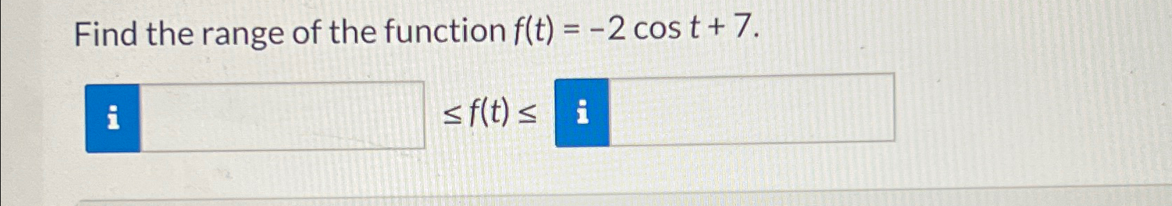 Solved Find the range of the function f(t)=-2cost+7≤f(t)≤ | Chegg.com