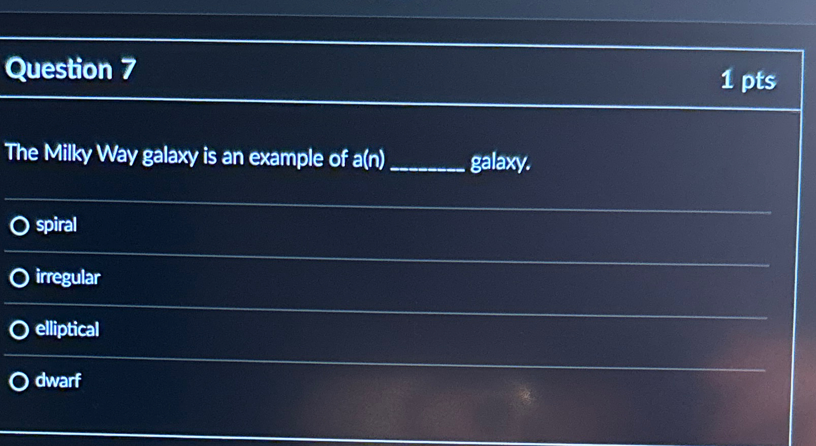 Solved Question 71 ﻿ptsThe Milky Way galaxy is an example of | Chegg.com