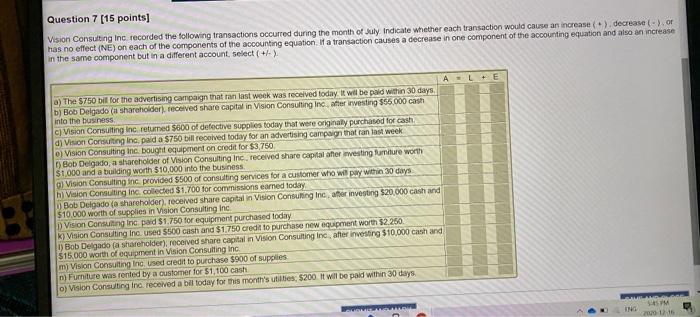 Solved Question 7 (15 points) Vision Consulting Inc recorded | Chegg.com