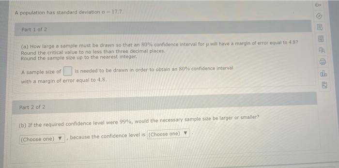 Solved A population has standard deviation 17.7 Part 1 of 2 | Chegg.com