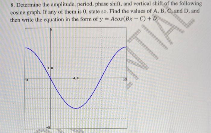 Solved 8. Determine the amplitude, period, phase shift, and | Chegg.com