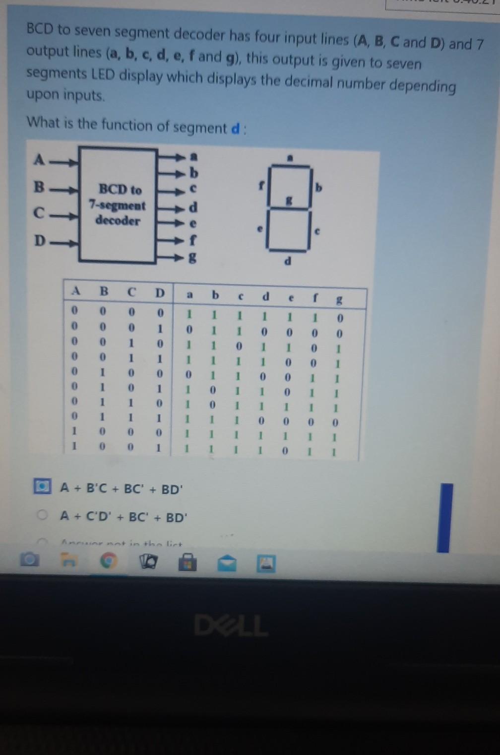 Solved BCD to seven segment decoder has four input lines (A, | Chegg.com