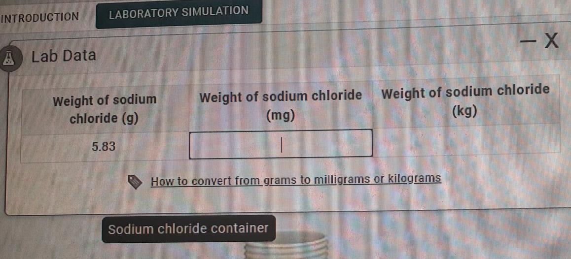 Solved weight of sodium chloride (g) 5.83 1) measure weight | Chegg.com