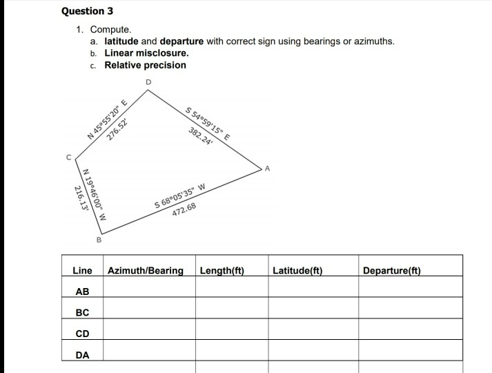 Solved Question 3 1. Compute. a. latitude and departure with | Chegg.com