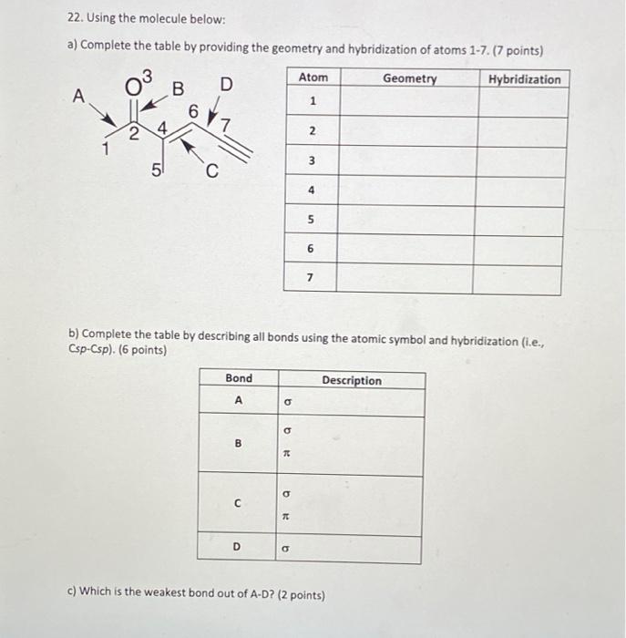 Solved 22. Using the molecule below: a) Complete the table | Chegg.com