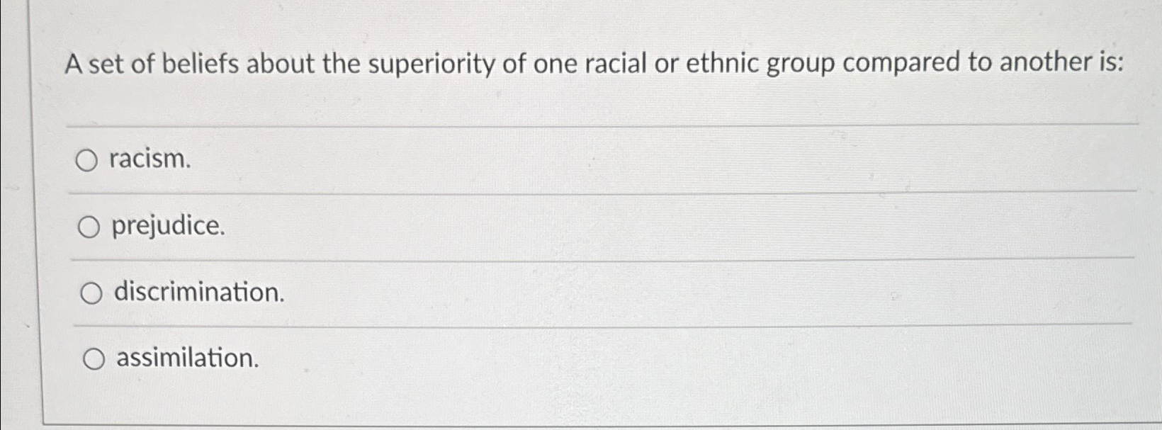 Solved A set of beliefs about the superiority of one racial | Chegg.com