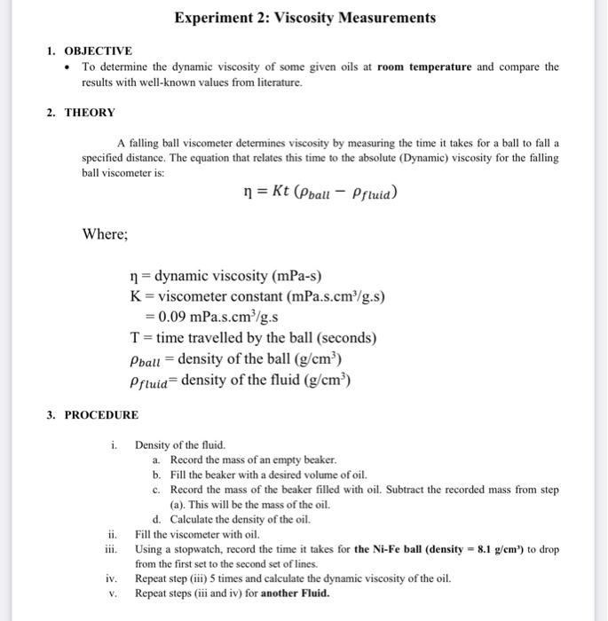Solved Experiment 2: Viscosity Measurements 1. OBJECTIVE • | Chegg.com