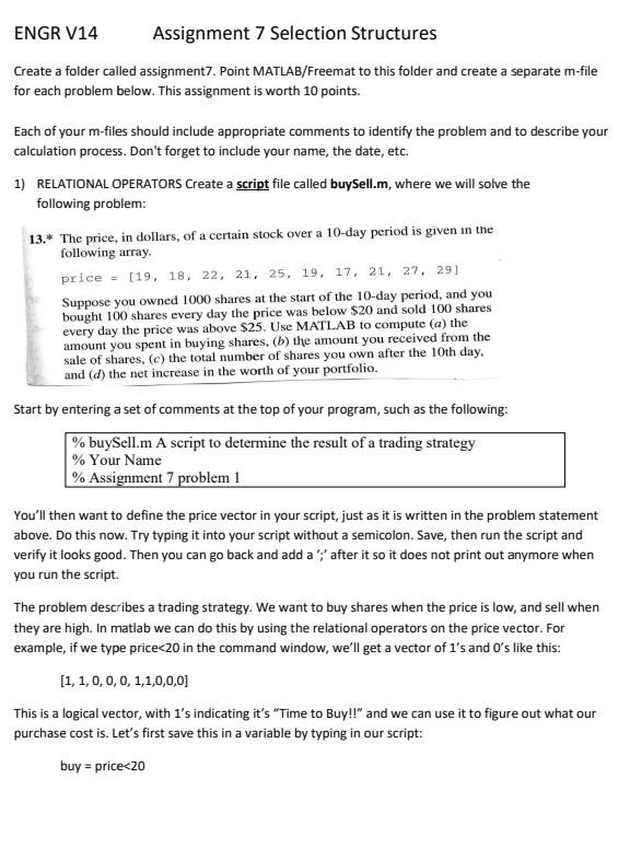 Solved ENGR V14 Assignment 7 Selection Structures Create a | Chegg.com