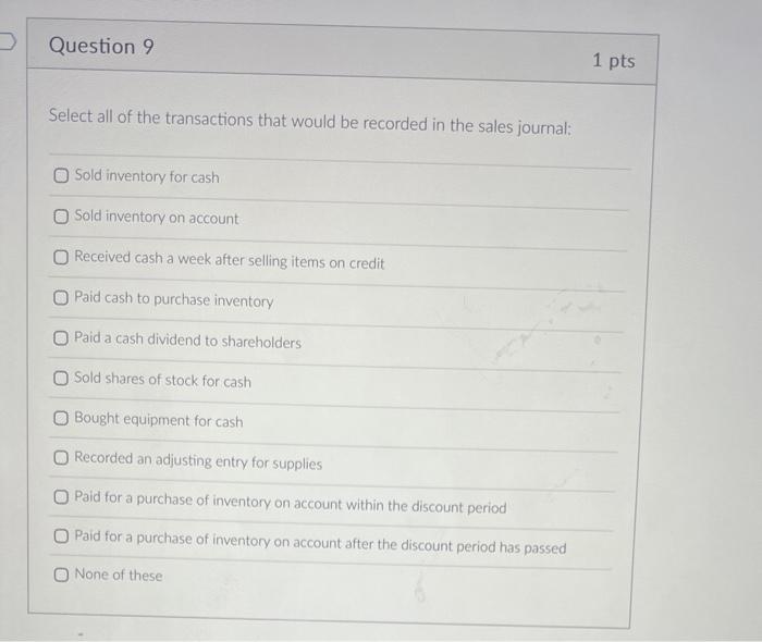 Solved Select all of the transactions that would be recorded | Chegg.com