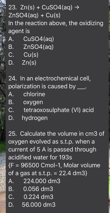 Solved 23. Zn(s) + CuSO4(aq) → ZnSO4(aq) + Cu(s) In the | Chegg.com