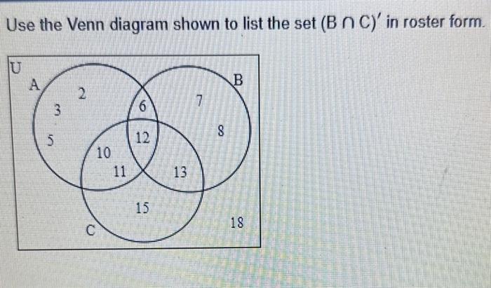 Solved Use the Venn diagram shown to list the set (B∩C)′ in | Chegg.com