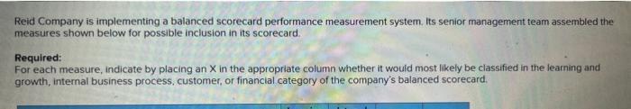 Solved Reid Company is implementing a balanced scorecard | Chegg.com
