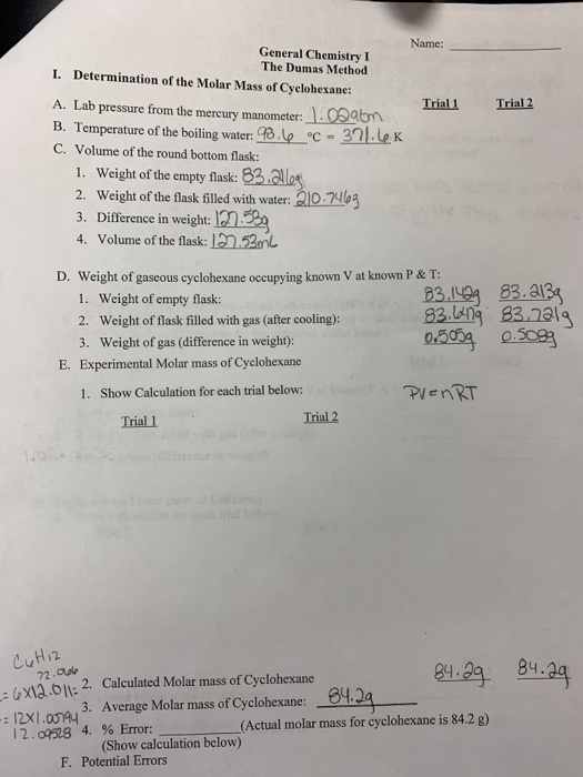 Solved Trial 2 Name: General Chemistry I The Dumas Method 1. | Chegg.com