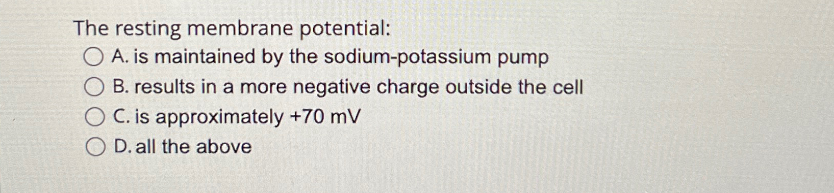 Solved The resting membrane potential:A. ﻿is maintained by | Chegg.com