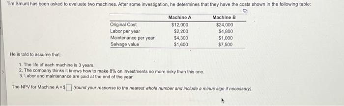 Solved Tim Smunt has been asked to evaluate two machines. | Chegg.com