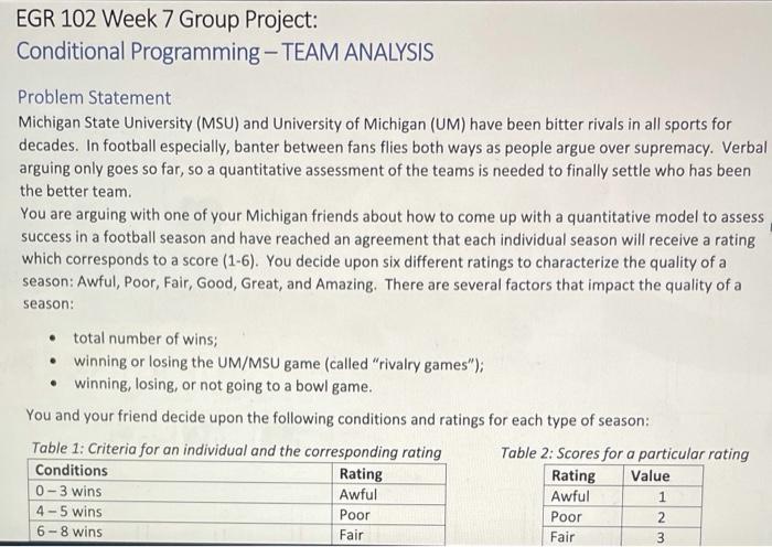 Solved EGR 102 Week 7 Group Project: Conditional Programming | Chegg.com