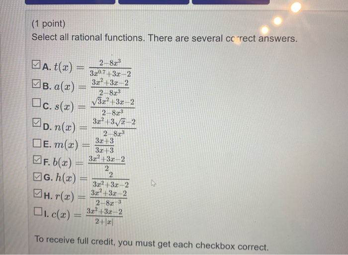 Solved (1 point) Select all rational functions. There are | Chegg.com