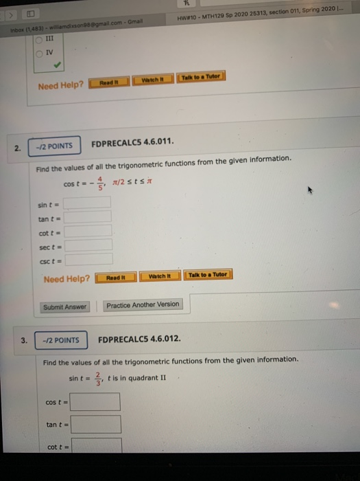 Solved HWEO - MTH120 Sp 2020 25313, section 011, Spring 2020 | Chegg.com