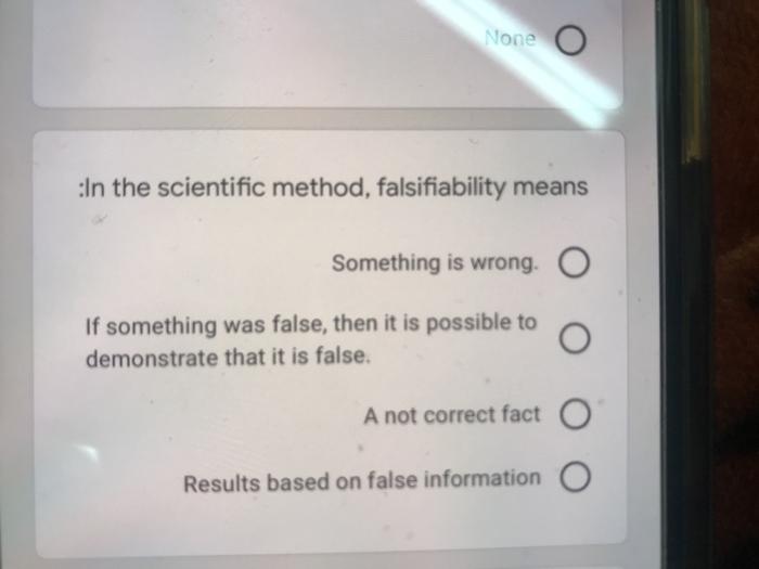 Solved None o :In the scientific method, falsifiability | Chegg.com