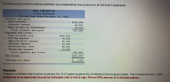 Solved The following incorrect income statement was prepared | Chegg.com