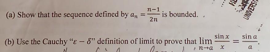 Solved (a) Show that the sequence defined by an=2nn−1 is | Chegg.com
