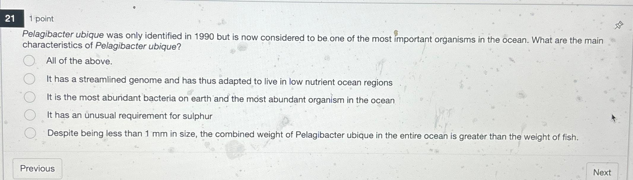 Solved 211 ﻿pointPelagibacter ubique was only identified in | Chegg.com