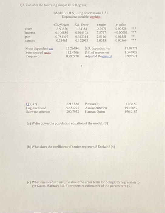 Q2. Consider the following simple OL S Regress: Model | Chegg.com