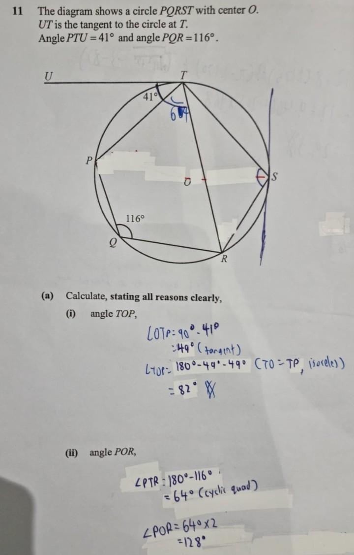 Solved 11 The diagram shows a circle PQRST with center O. UT | Chegg.com