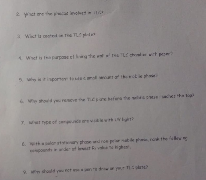 Solved 2. What are the phases involved in TLC? 3. What is | Chegg.com