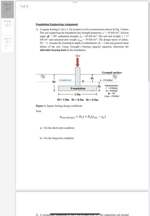 Solved Foundation Feginerrine Assiznment 1) A square footing | Chegg.com
