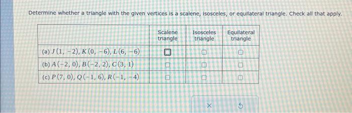 Solved Determine whether a triangle with the given vertices | Chegg.com