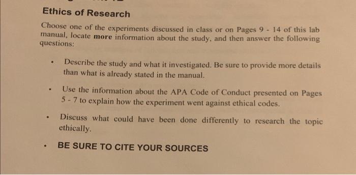 Solved Ethics of Research Choose one of the experiments | Chegg.com